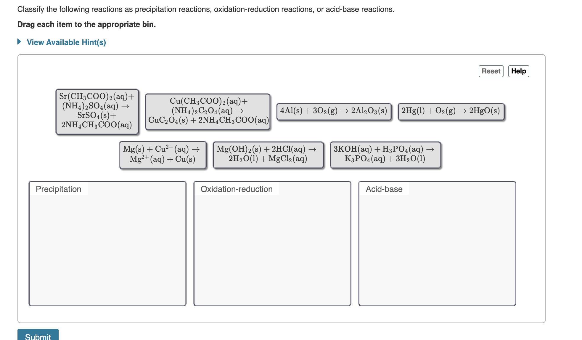 Solved Classify the following reactions as precipitation | Chegg.com