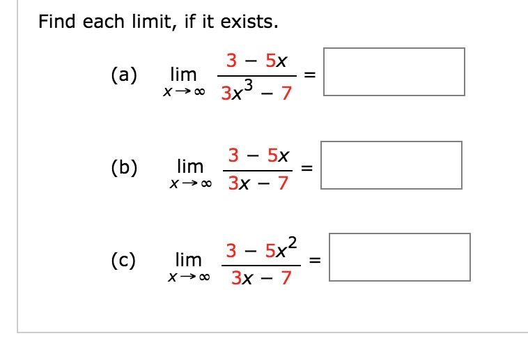 Solved Find each limit, if it exists. (a) 3 - 5x lim 3 x → | Chegg.com