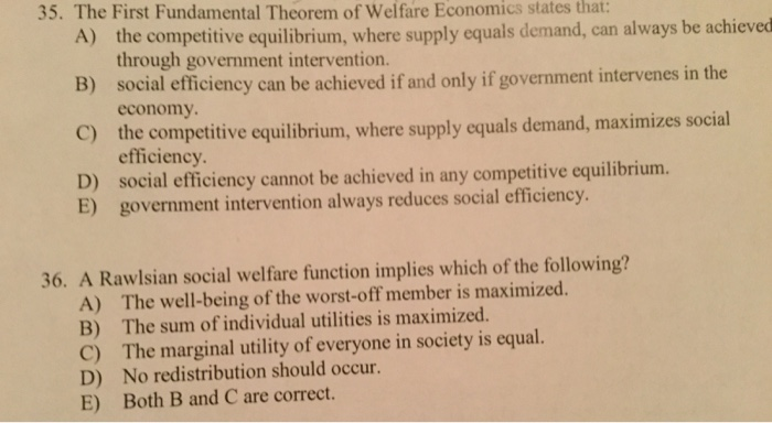 Solved 35. The First Fundamental Theorem of Welfare | Chegg.com