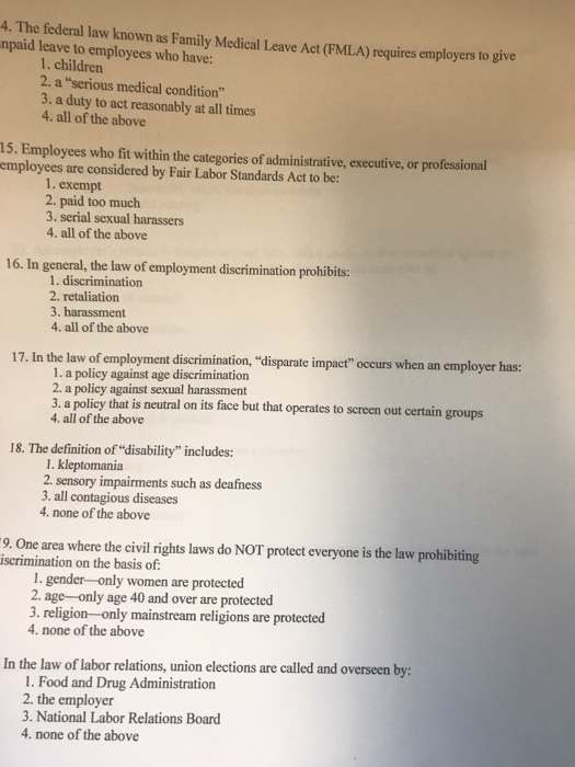 Solved The federal law known as Family Medical Leave Act | Chegg.com
