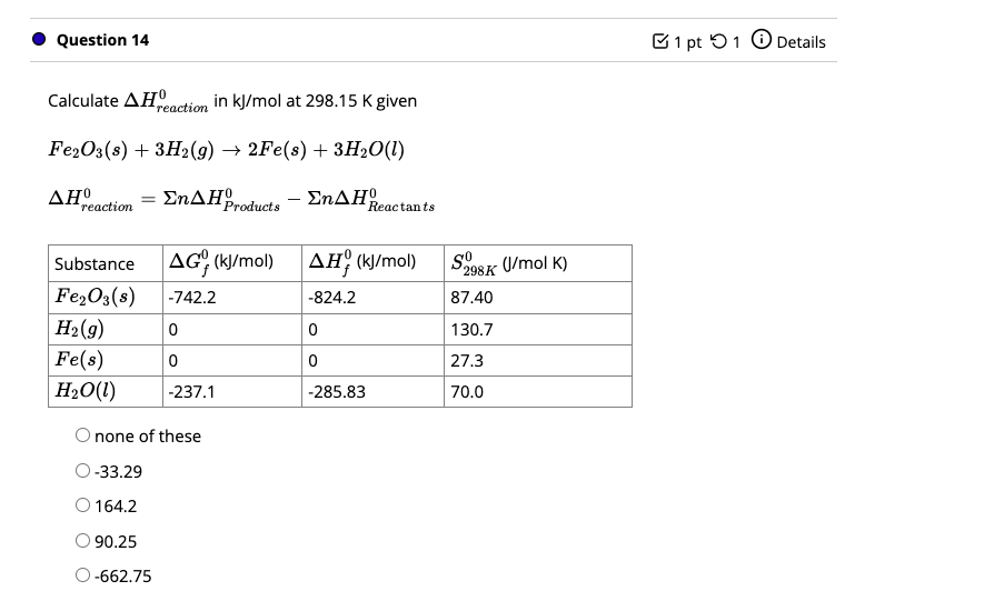 Solved Question 15 1 pt 1 Details Calculate ASO in J/mol at | Chegg.com