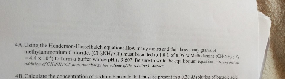 Solved 4A. Using the Henderson-Hasselbalch equation: How | Chegg.com