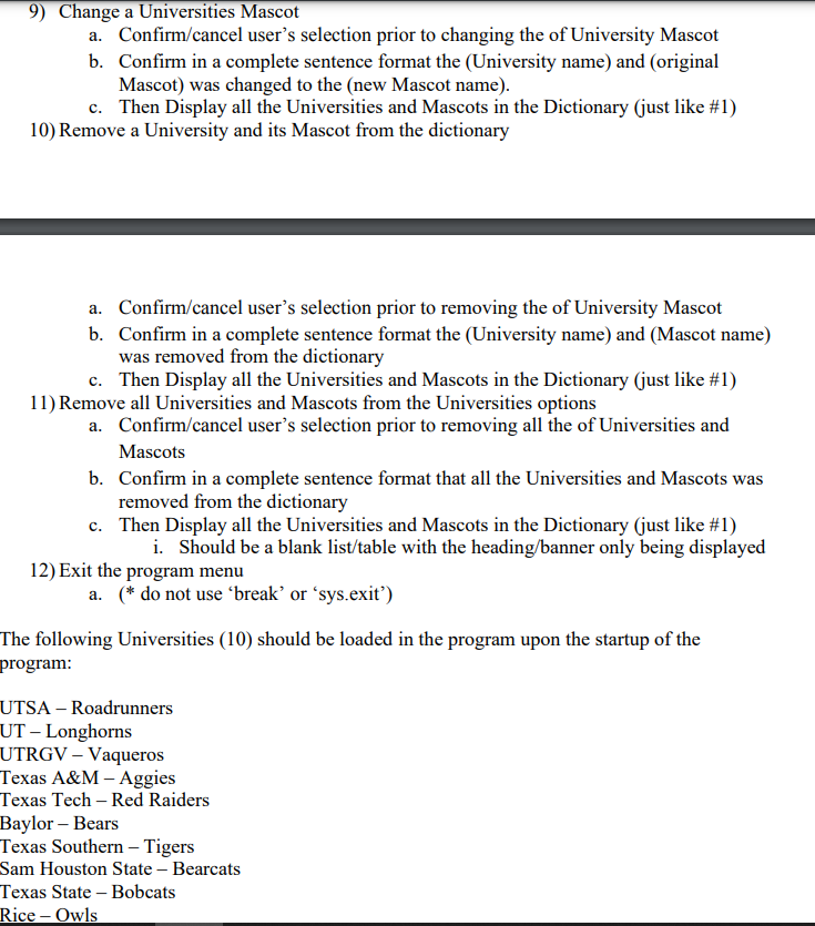 Solved Dictionary basics - Universities and Mascots Write a | Chegg.com