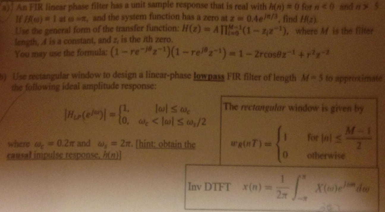 An FIR linear phase filter has a unit sample response | Chegg.com
