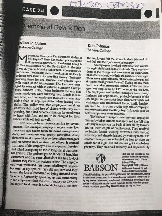 CASE 24 lemma at Devil's Den 、. Allan R. Cohen Babson | Chegg.com