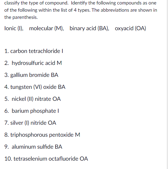 Solved classify the type of compound. Identify the following | Chegg.com
