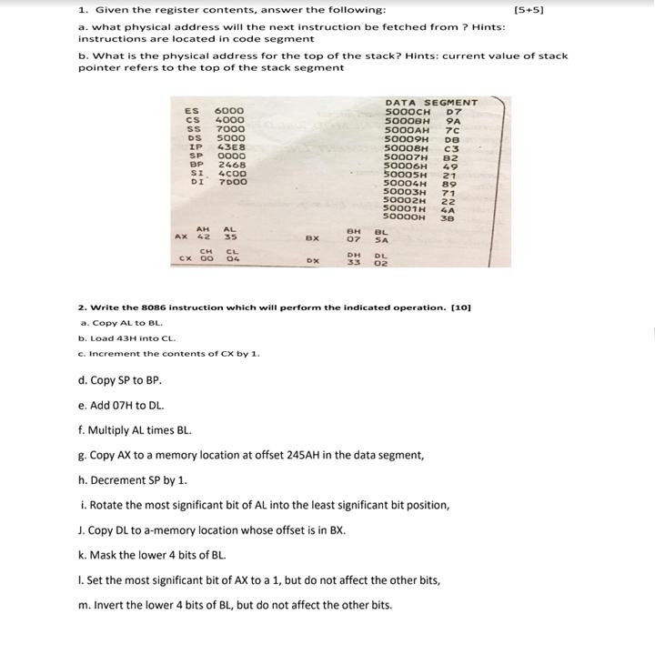 Solved 1 Given The Register Contents Answer The Following