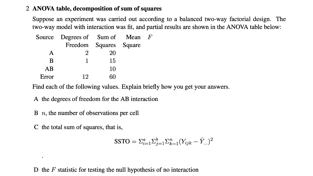 Solved 2 Anova Table Decomposition Of Sum Of Squares