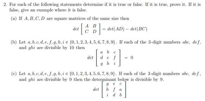 Solved 2. For each of the following statements determine if | Chegg.com