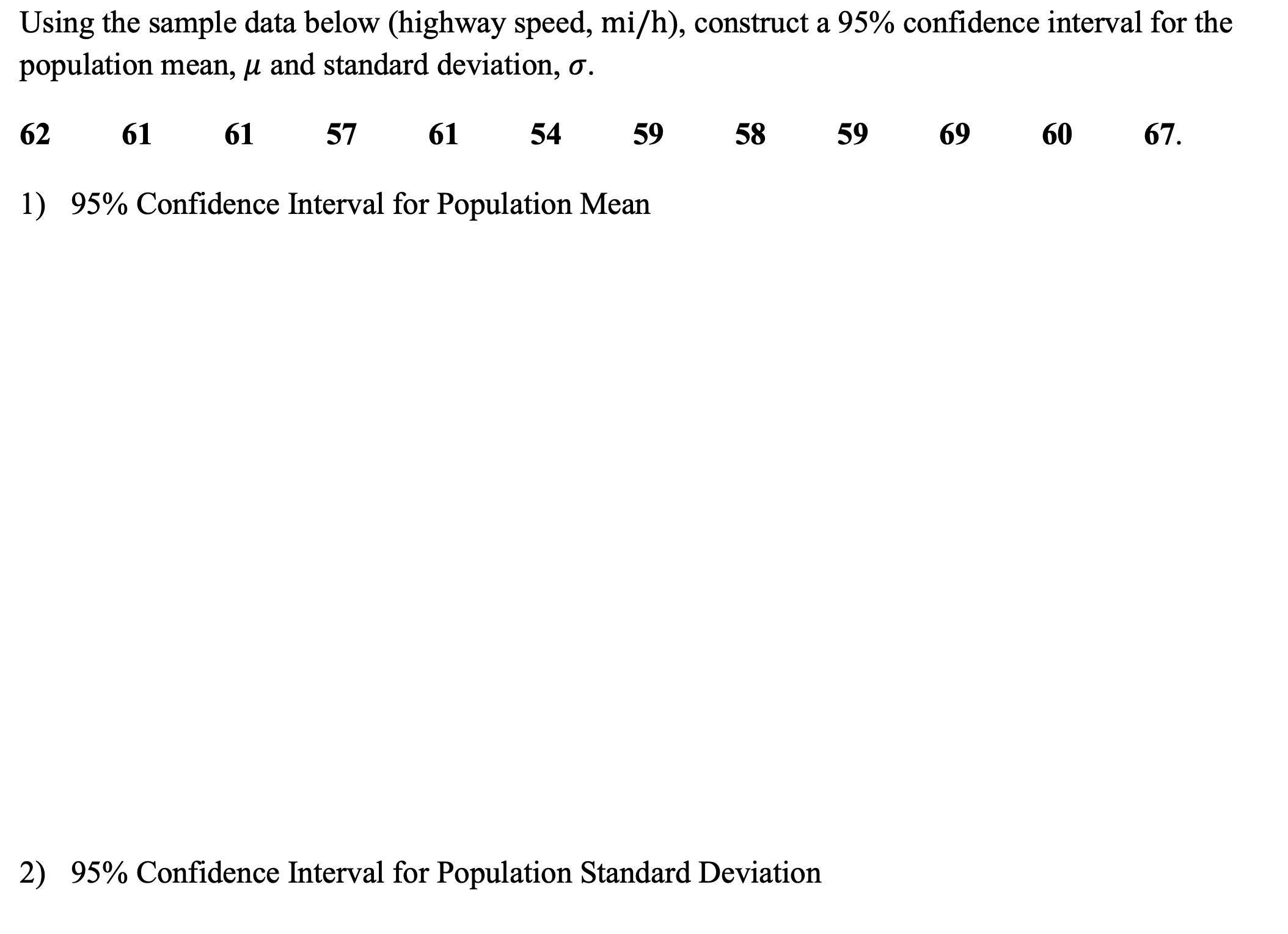 Using the sample data below (highway speed, mi/h), | Chegg.com