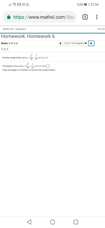 Solved % 58 1) 22:54 https://www.mathxl.com/Stu MATH 151 1 | Chegg.com