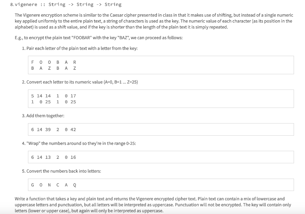Solved 8. vigenere String - String -> String The Vigenere | Chegg.com