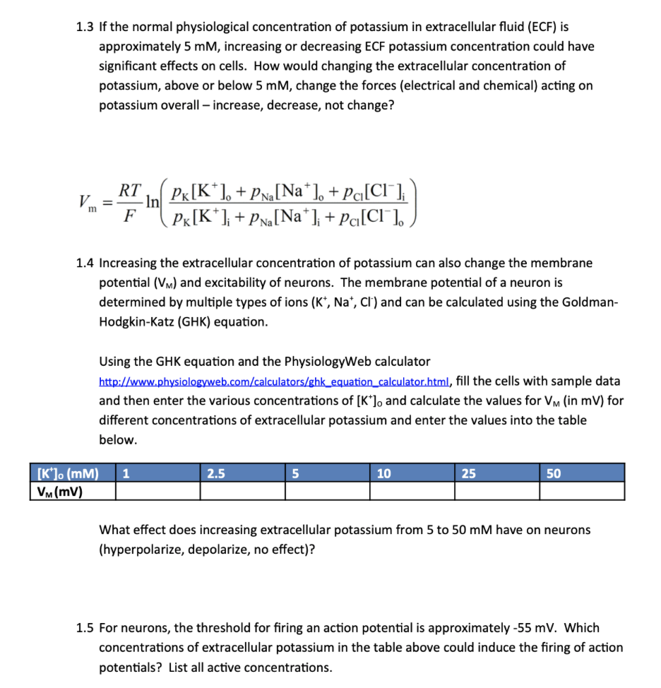 Solved 1. High or low potassium and equilibrium potential | Chegg.com