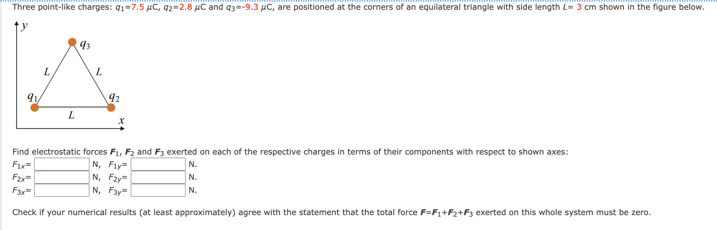 Solved Three point-like charges: q1=7.5μC,q2=2.8μC ﻿and | Chegg.com