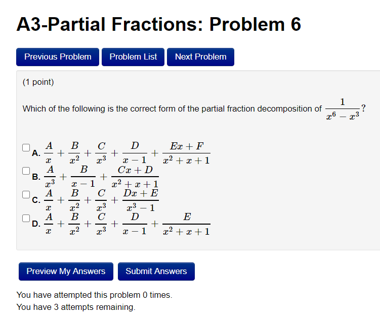 Solved A3-Partial Fractions: Problem 6 Previous Problem | Chegg.com