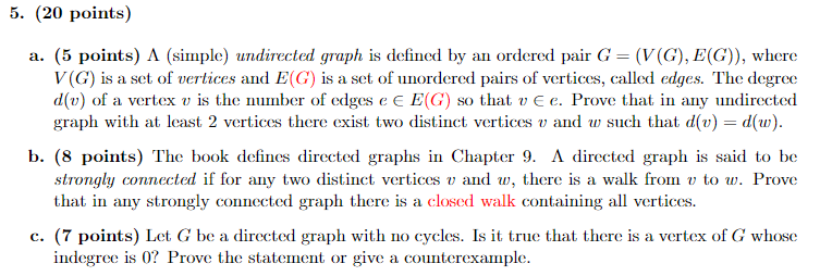 Solved 5. (20 points) a. (5 points) A (simple) undirected | Chegg.com
