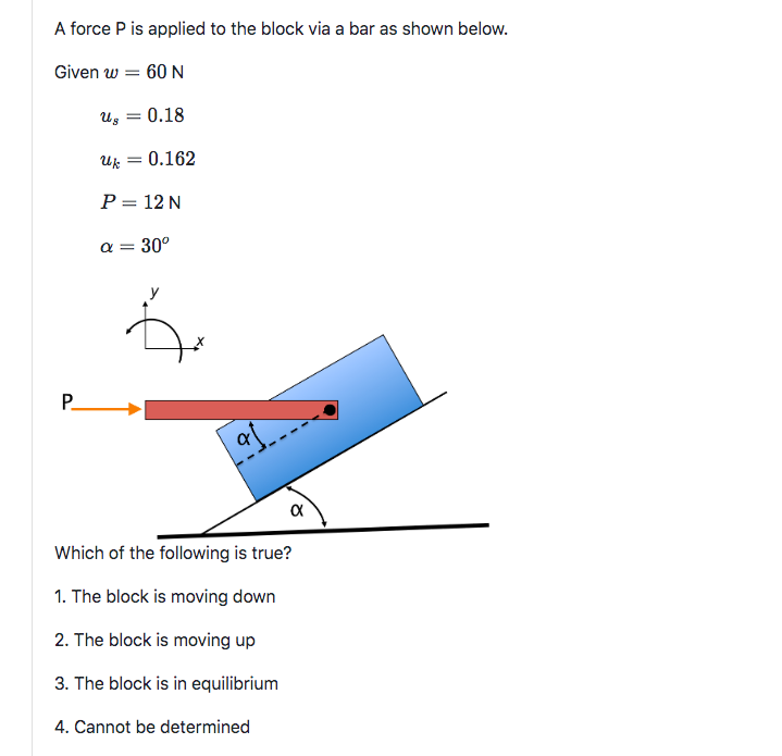 Solved A force P is applied to the block via a bar as shown | Chegg.com