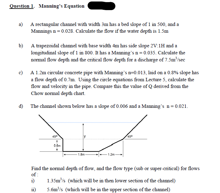 Solved Question 1. Manning's Equation a) A rectangular | Chegg.com