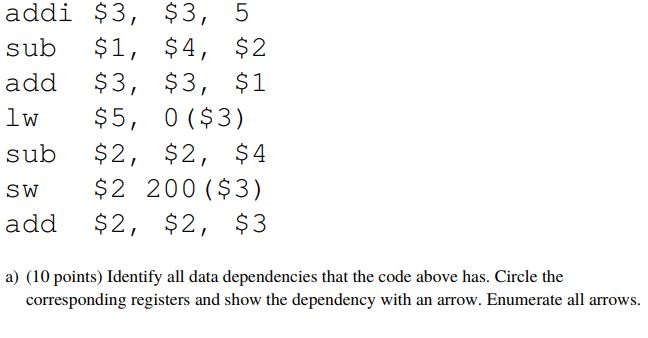 addi $3, $3, 5 sub $1, $4, $2 add $3, $3, $1 lw $5, 0 | Chegg.com
