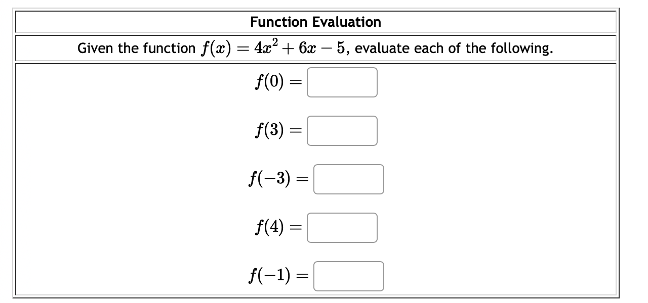 Solved f(x)=4x2+6x−5f(0)=f(3)=f(−3)=f(4)=f(−1)= | Chegg.com