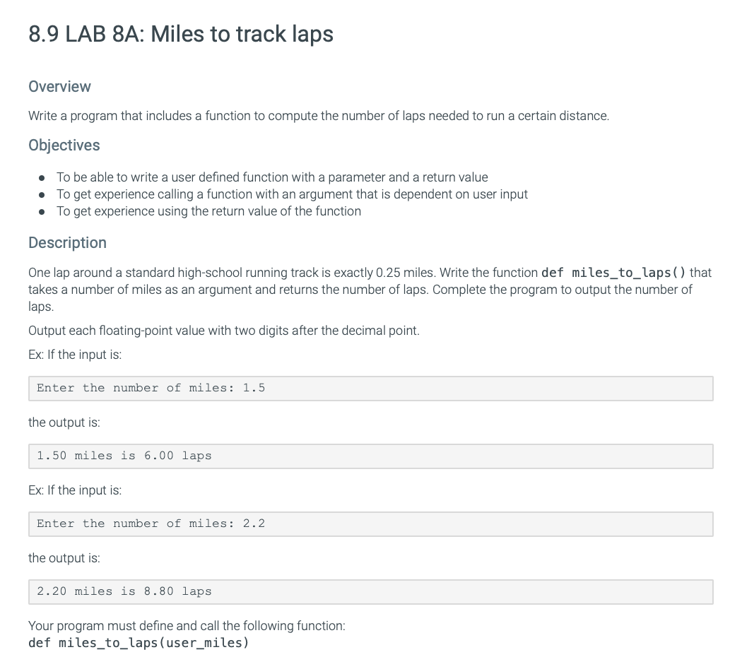 Solved 8.9 LAB 8A: Miles to track laps Overview Write a | Chegg.com
