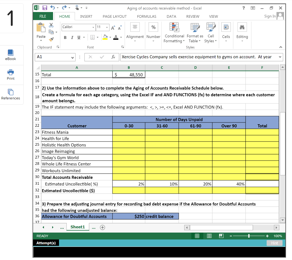 Solved x Aging of accounts receivable method - Excel ? x | Chegg.com
