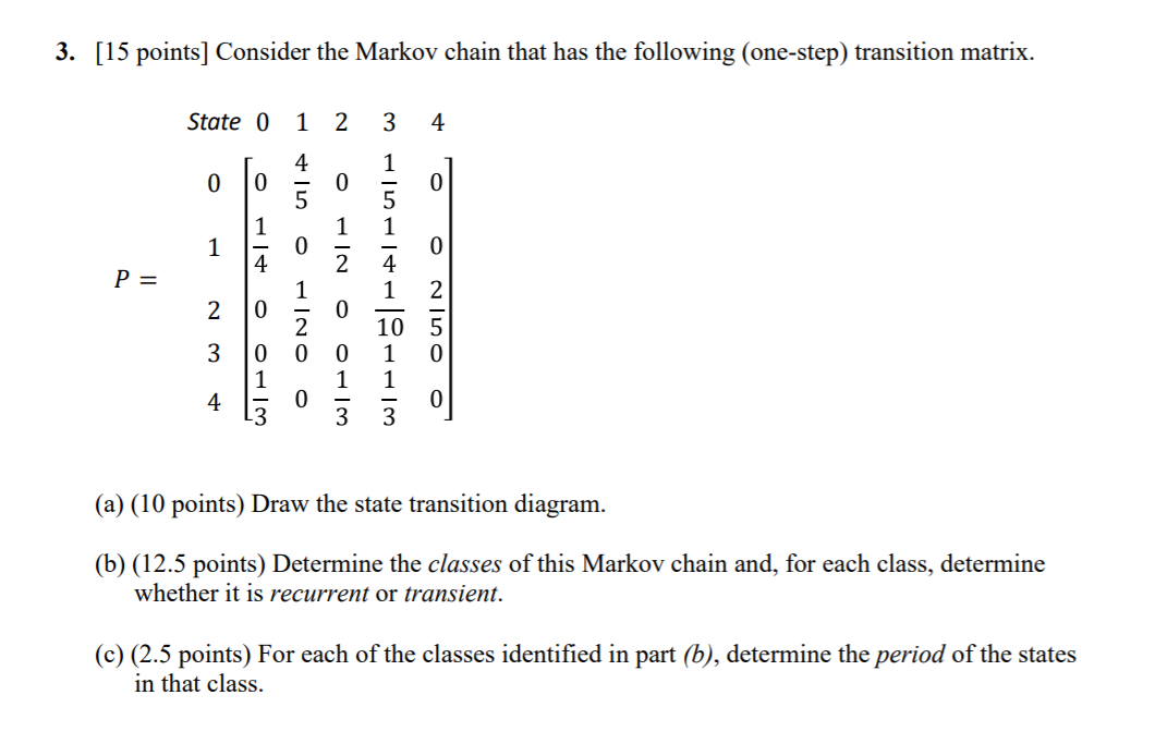 Solved 3. [15 points] Consider the Markov chain that has the | Chegg.com