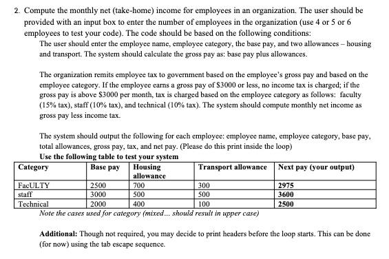 Solved 2. Compute the monthly net (take-home) income for | Chegg.com