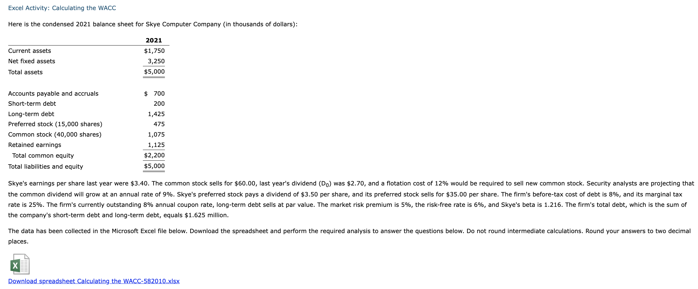 Solved Excel Activity: Calculating the WACC Here is the | Chegg.com