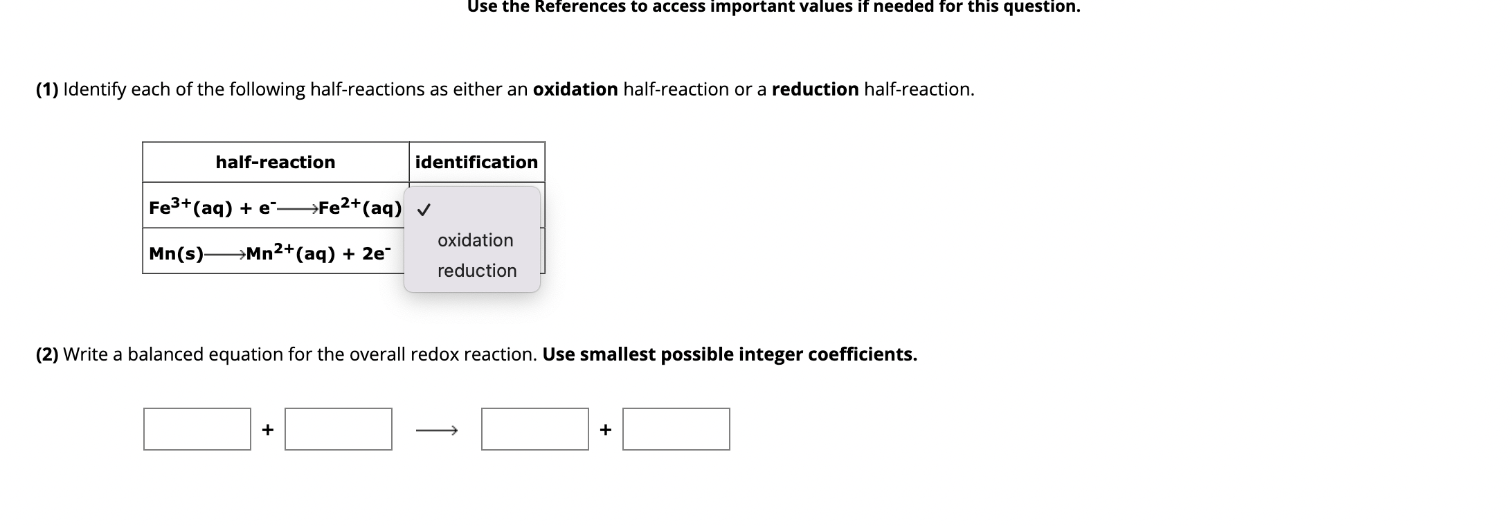 Solved (2) Write a balanced equation for the overall redox | Chegg.com