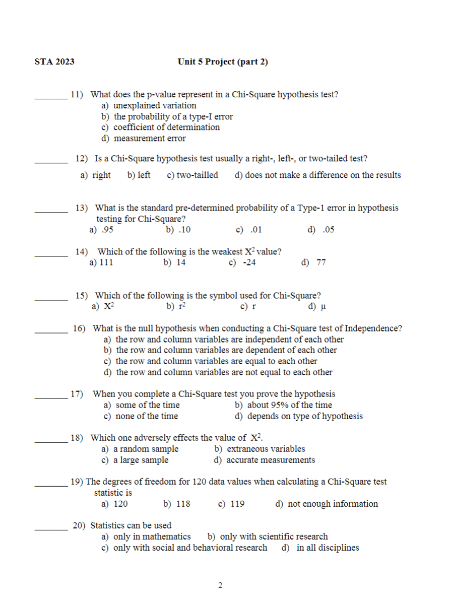 STA 2023 Unit 5 Project (part 2) 11) What does the | Chegg.com