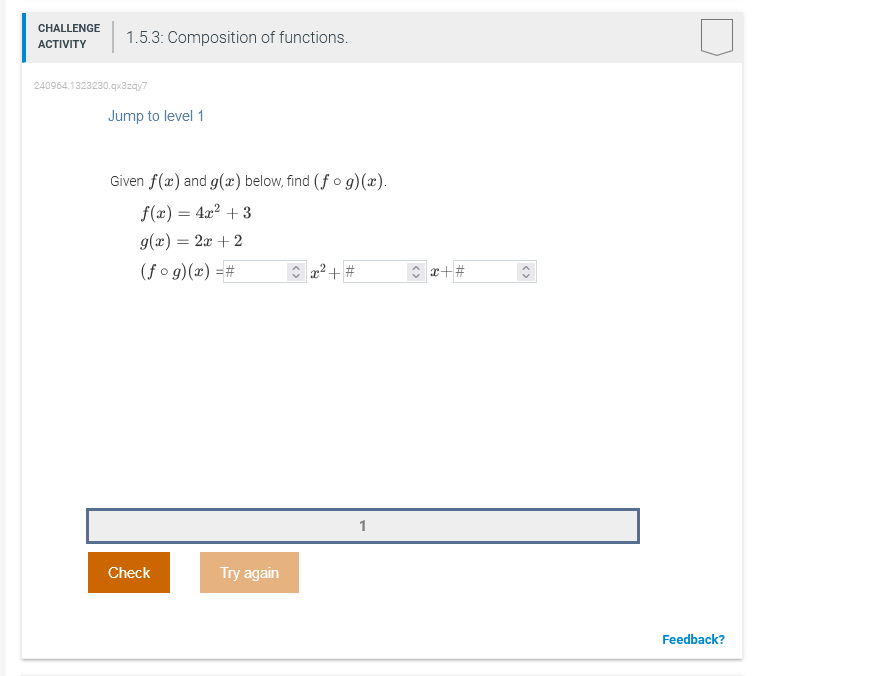 Solved CHALLENGE ACTIVITY 1.5.3: Composition of functions. | Chegg.com