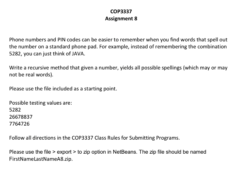 Solved Cop3337 Assignment 8 Phone Numbers And Pin Codes Can