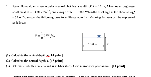 Solved 1. Water flows down a rectangular channel that has a | Chegg.com