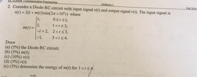 Solved 2. Consider a Diode-RC circuit with input signal v(t) | Chegg.com