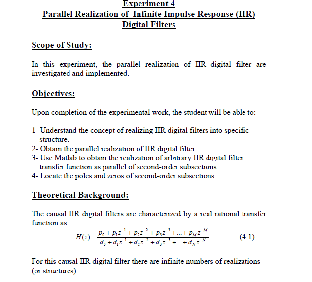 Solved Experiment 4 Parallel Realization of Infinite Impulse | Chegg.com