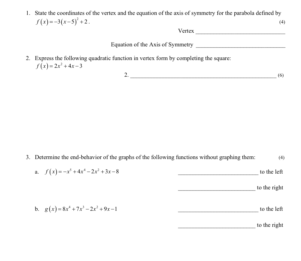 Solved 1. State the coordinates of the vertex and the | Chegg.com