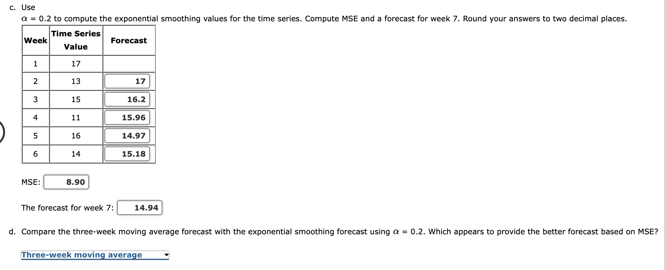 Solved c. Use a = 0.2 to compute the exponential smoothing | Chegg.com