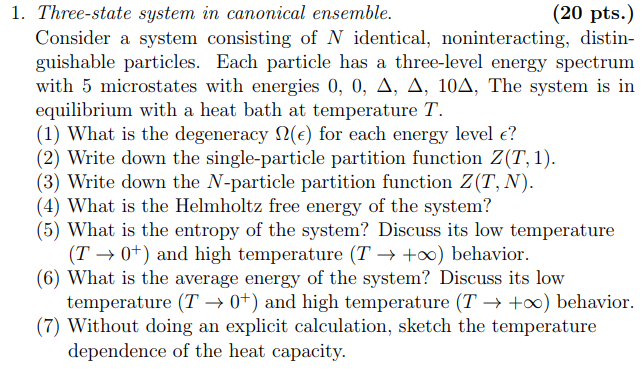 Solved (20 pts.) 1. Three-state system in canonical | Chegg.com