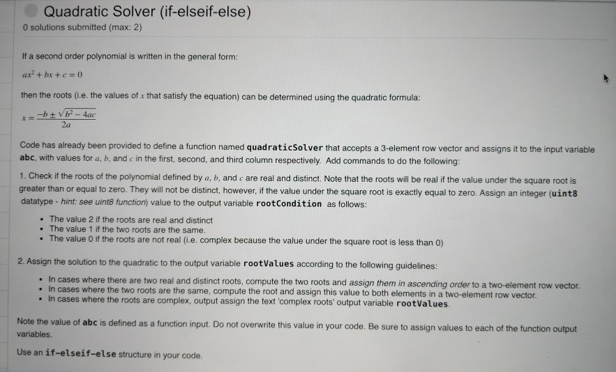 Solved Quadratic Solver (if-elseif-else) O solutions | Chegg.com