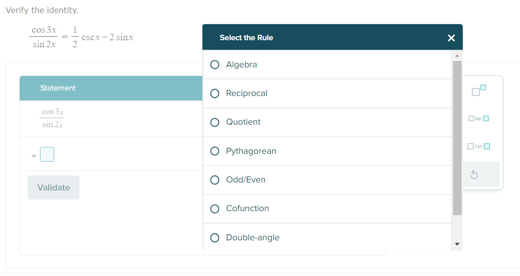 Solved Verify the identity. cos 3x 1 cscx-2sinx Select the | Chegg.com