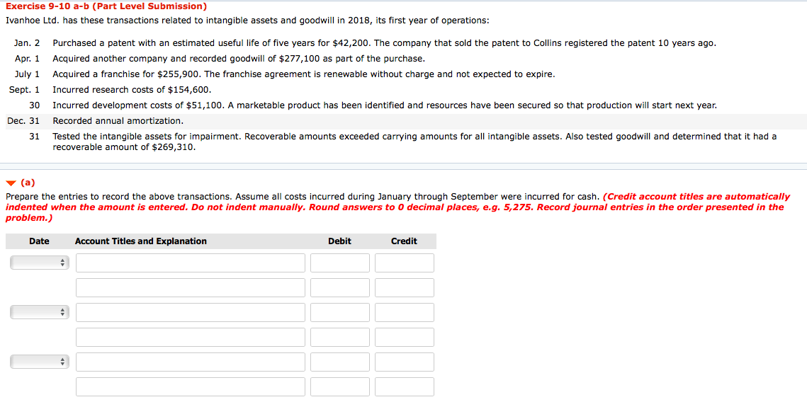 Exercise 9-10 a-b (Part Level Submission) Ivanhoe | Chegg.com