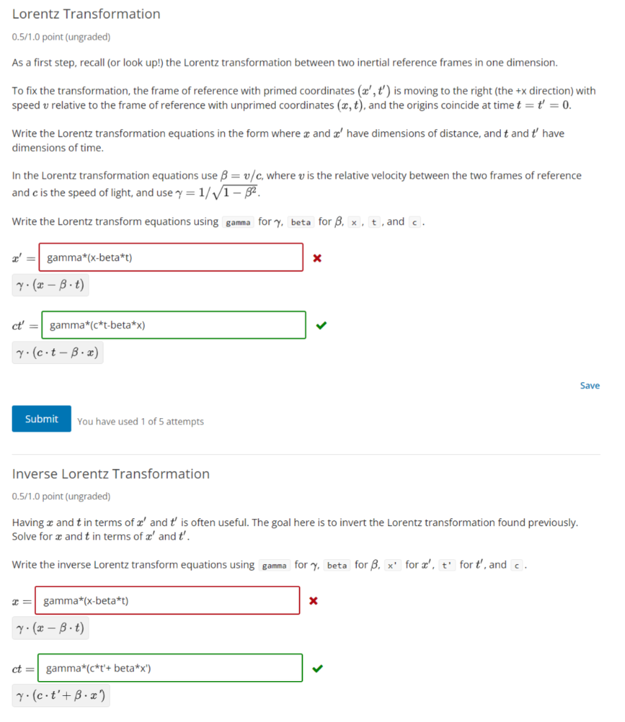 Solved Lorentz Transformation 0.5/1.0 point (ungraded) As a | Chegg.com