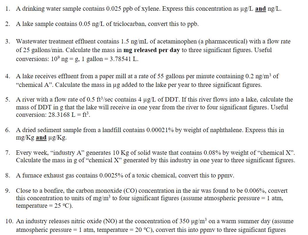 Solved 1 A Drinking Water Sample Contains 0 025 Ppb Of Chegg