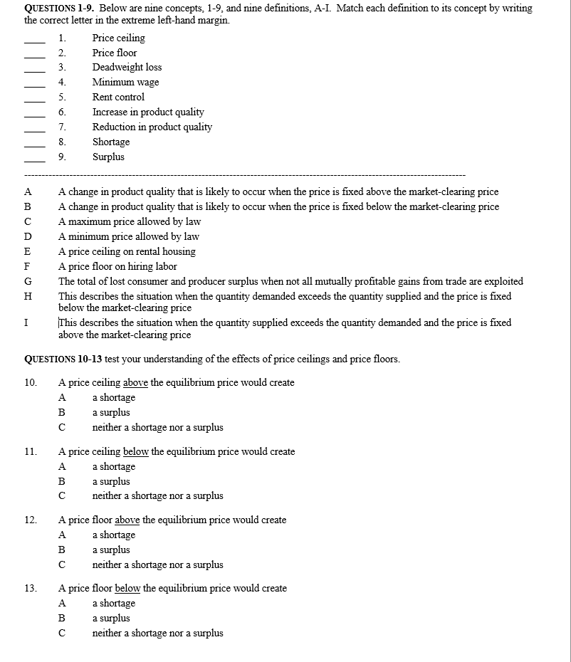 Solved QUESTIONS 1-9. Below are nine concepts, 1-9, and nine | Chegg.com