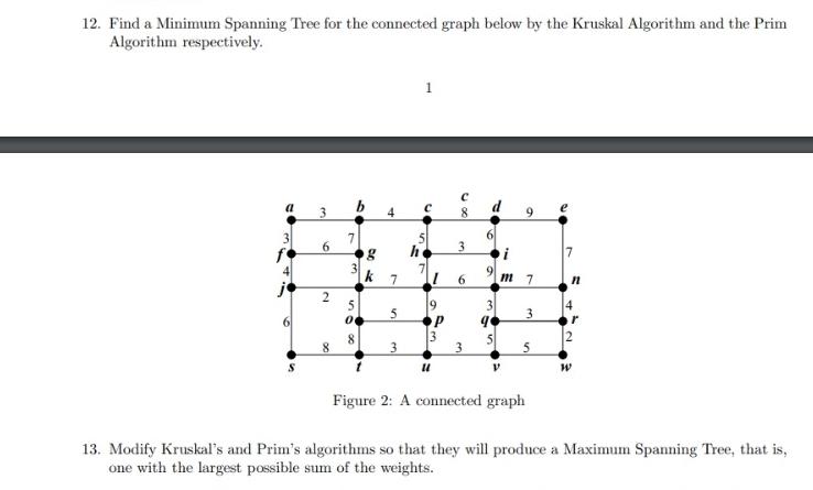 Solved 12. Find a Minimum Spanning Tree for the connected | Chegg.com