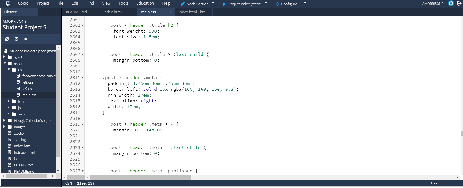 Need assistance modifying css layout in Codio | Chegg.com