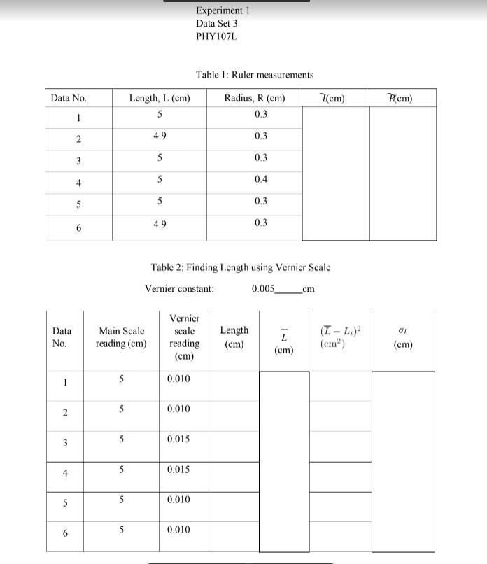 Experiment1 Data Set 3 PHY107L Data No. Table 1: | Chegg.com