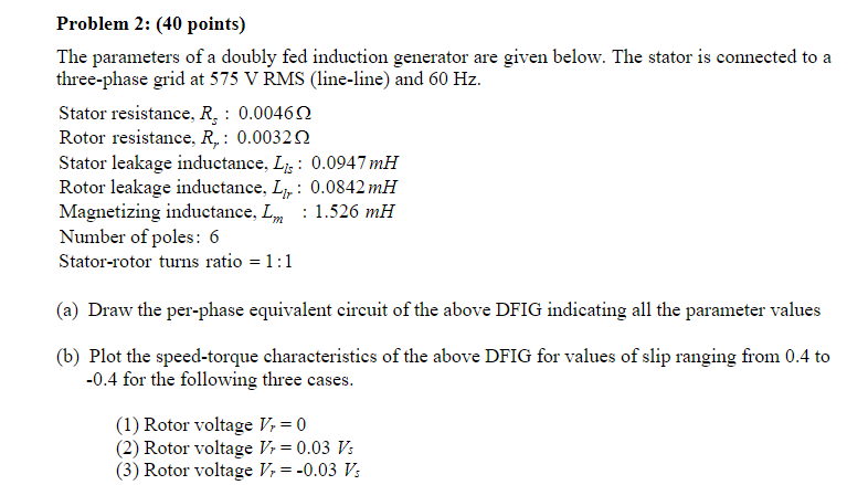 Solved The parameters of a doubly fed induction generator | Chegg.com Solved The parameters of a doubly fed induction generator | Chegg.com