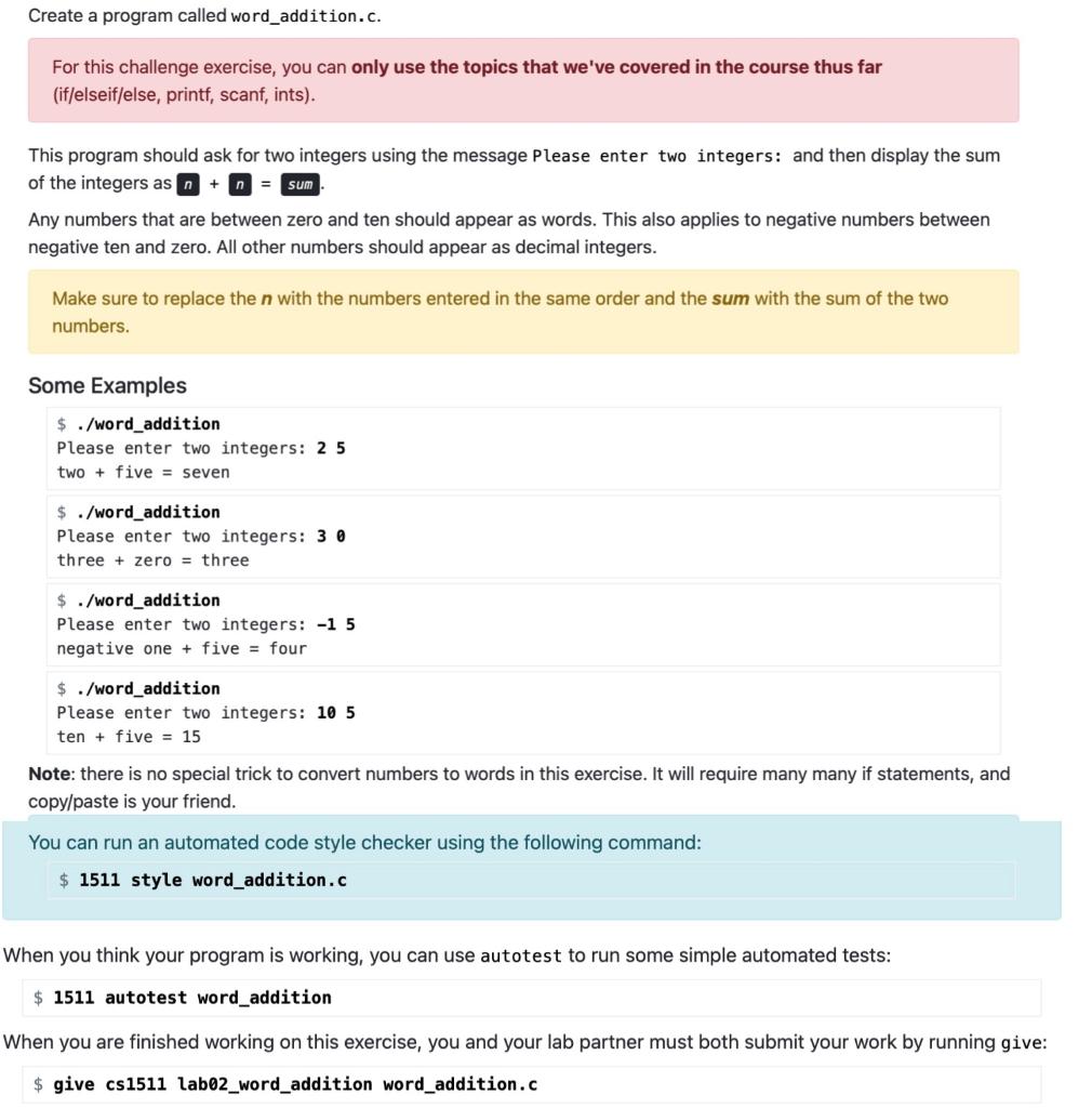 Solved Create a program called word_addition.c. For this | Chegg.com
